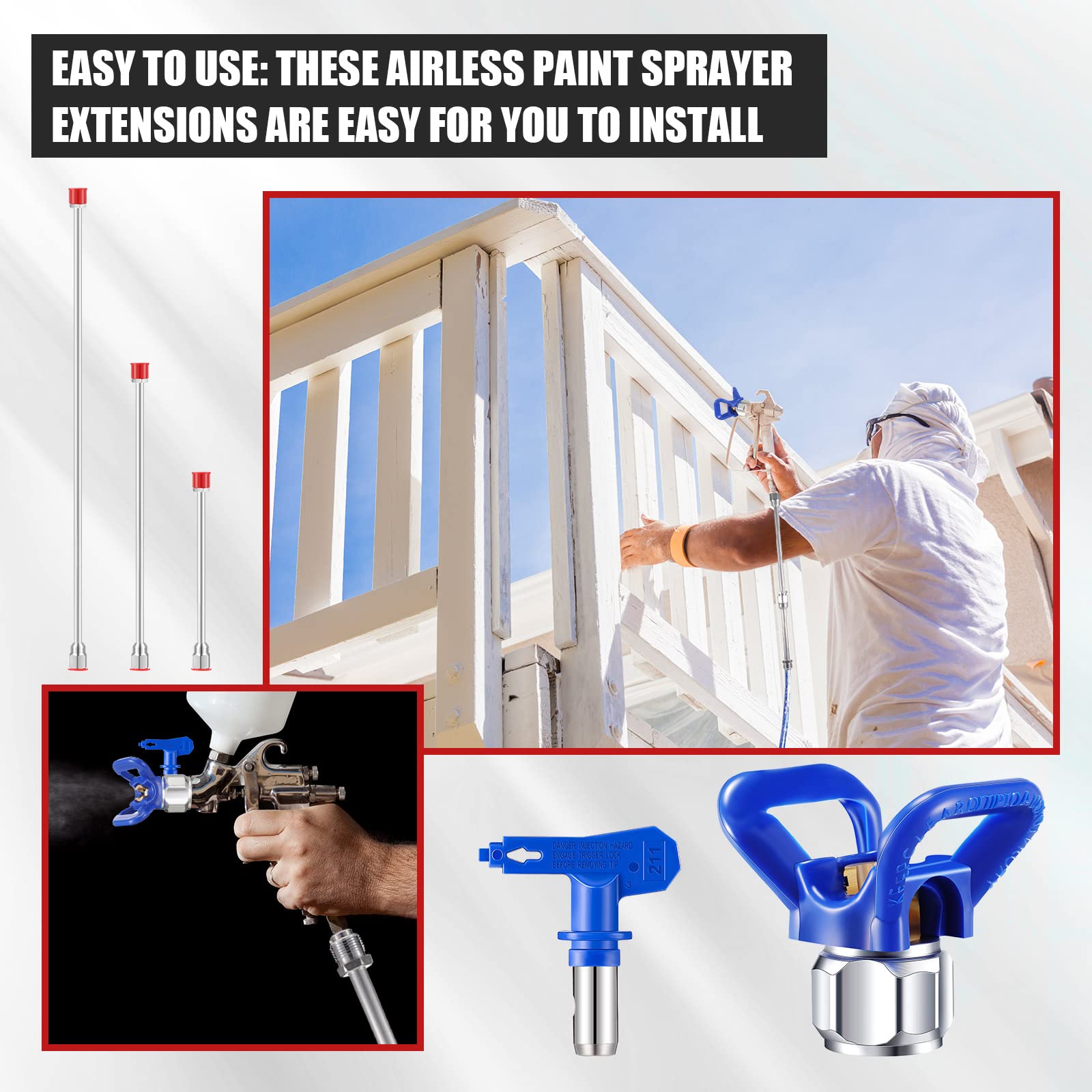 9 Pieces Paint Sprayer Airless Reversible Spray Tip Nozzles Paint Spray Tips Airless Sprayer Nozzles and Airless Sprayer Gun Tip Extension with Red Guard Pole Rod and Paint Sprayer Tips