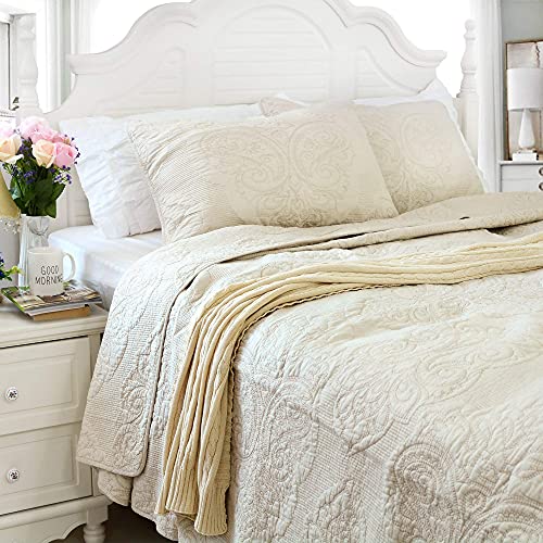 Brandream 5Pcs Beige Paisley Quilted Comforter Set King Size Bed Quilt Set Cotton Bedspread Coverlet Set