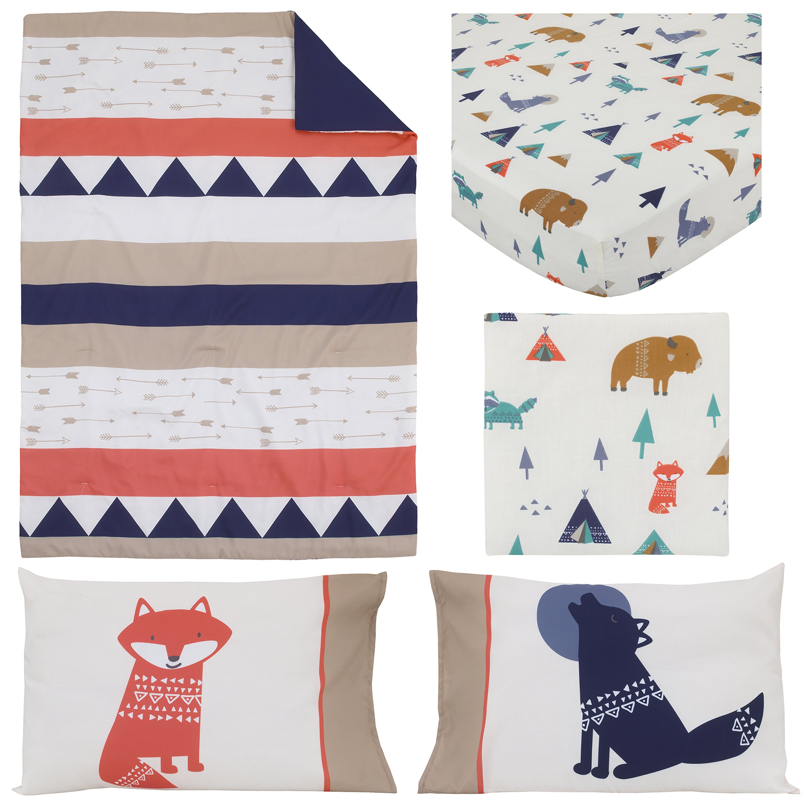 CARTERS Aztec 4 Piece Toddler Bedding Set, Navy, Cream, Orange, Beige
