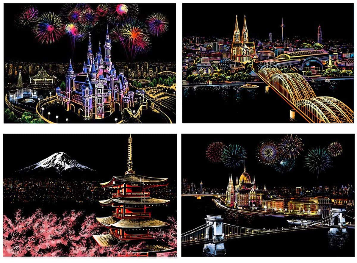 Ameolela Rainbow Scratch Painting Paper, Sketch DIY Art Craft City Series Night View Creative Gift, Scratchboard for Adults and Kids, Craft Kits with 4 Tools, Size 16x11 inches (4 Pack)