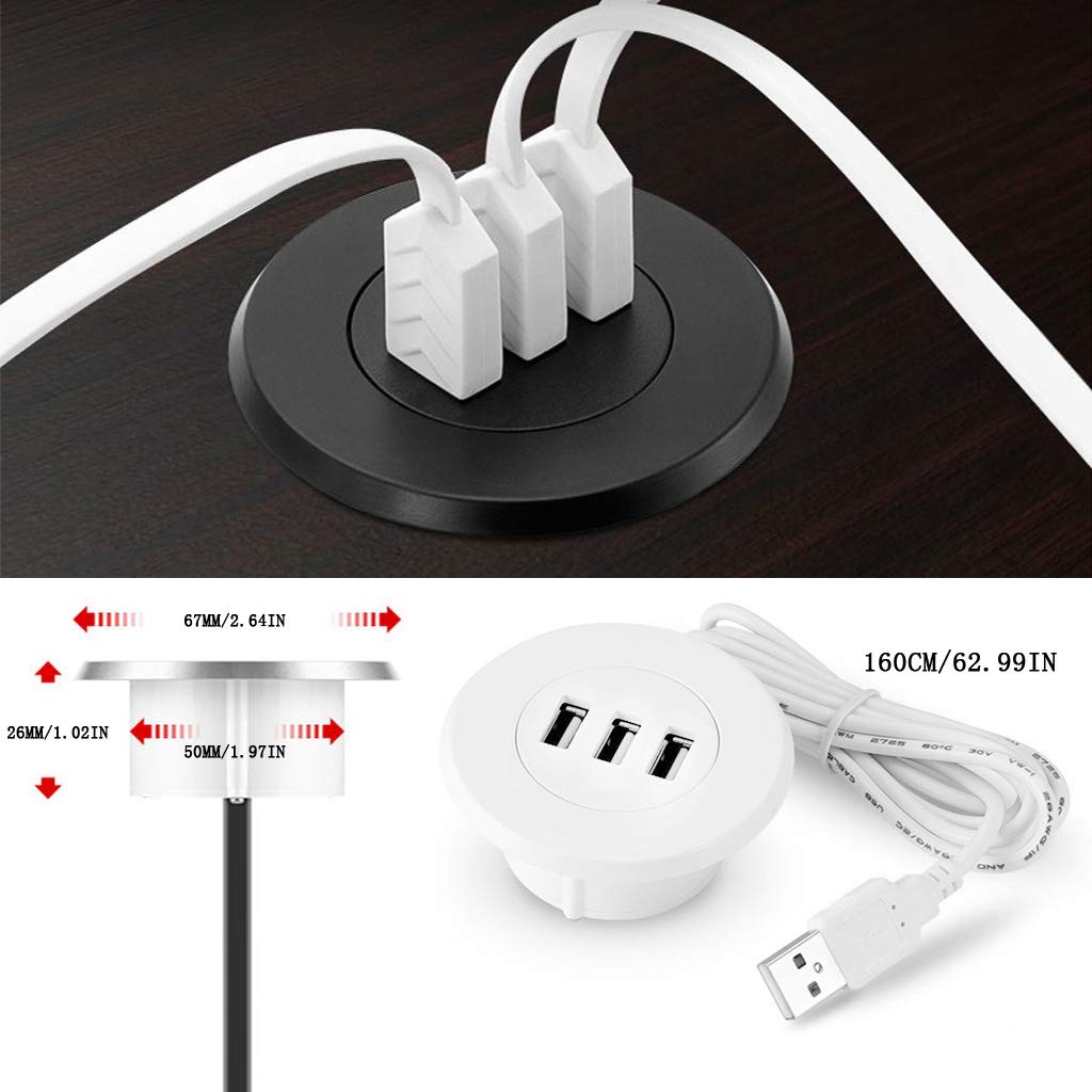 ForHe 5cm Grommet Hole in-Desk Mounting 3 Ports USB 2.0 Hub Adapter for Laptop PC Computer (160cm Cable)