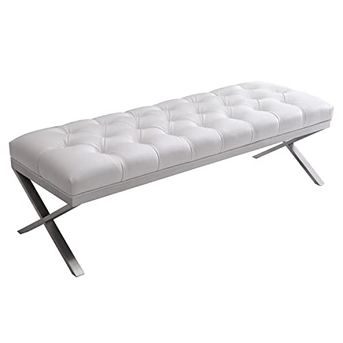 Armen Living Milo Bench in White Faux Leather and Brushed Stainless Steel Finish 60 x 20 x 21