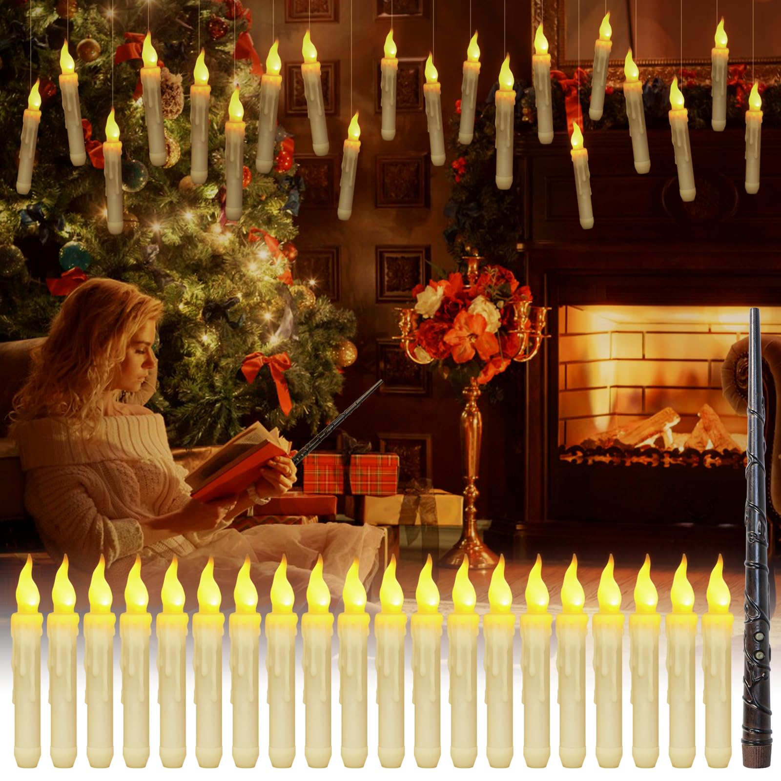 20 Pack Halloween Decorations -Floating Candles with Wand Remote, Christmas Magic Hanging Candles, Flameless Flickering Light Floating LED Candle for Harry Potter Party Ceiling Witch Decor Kids Gift