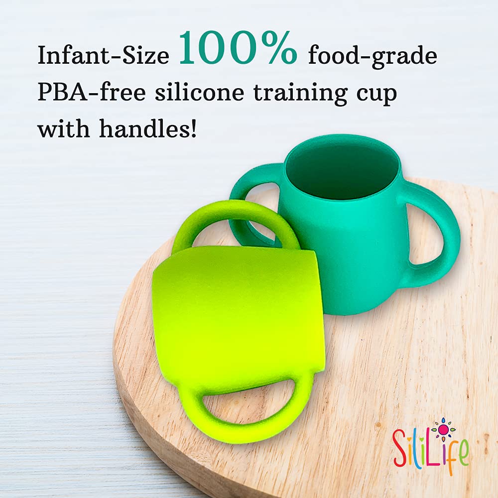 SiliLife Silicone Baby Cups for Baby or Toddler 2 Pack Flexible Food-Grade Safe BPA Free with Easy-Grip Handles for Self-Feeding Training