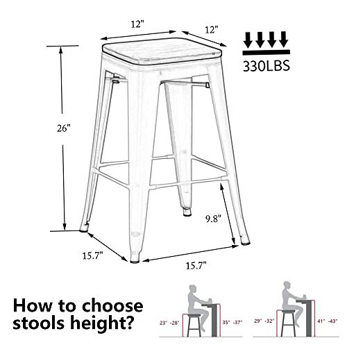 Alunaune 26" Metal Bar Stools Set of 4 Industrial Backless Counter Height Barstools Stackable Kitchen Patio Stool Wood Top-White