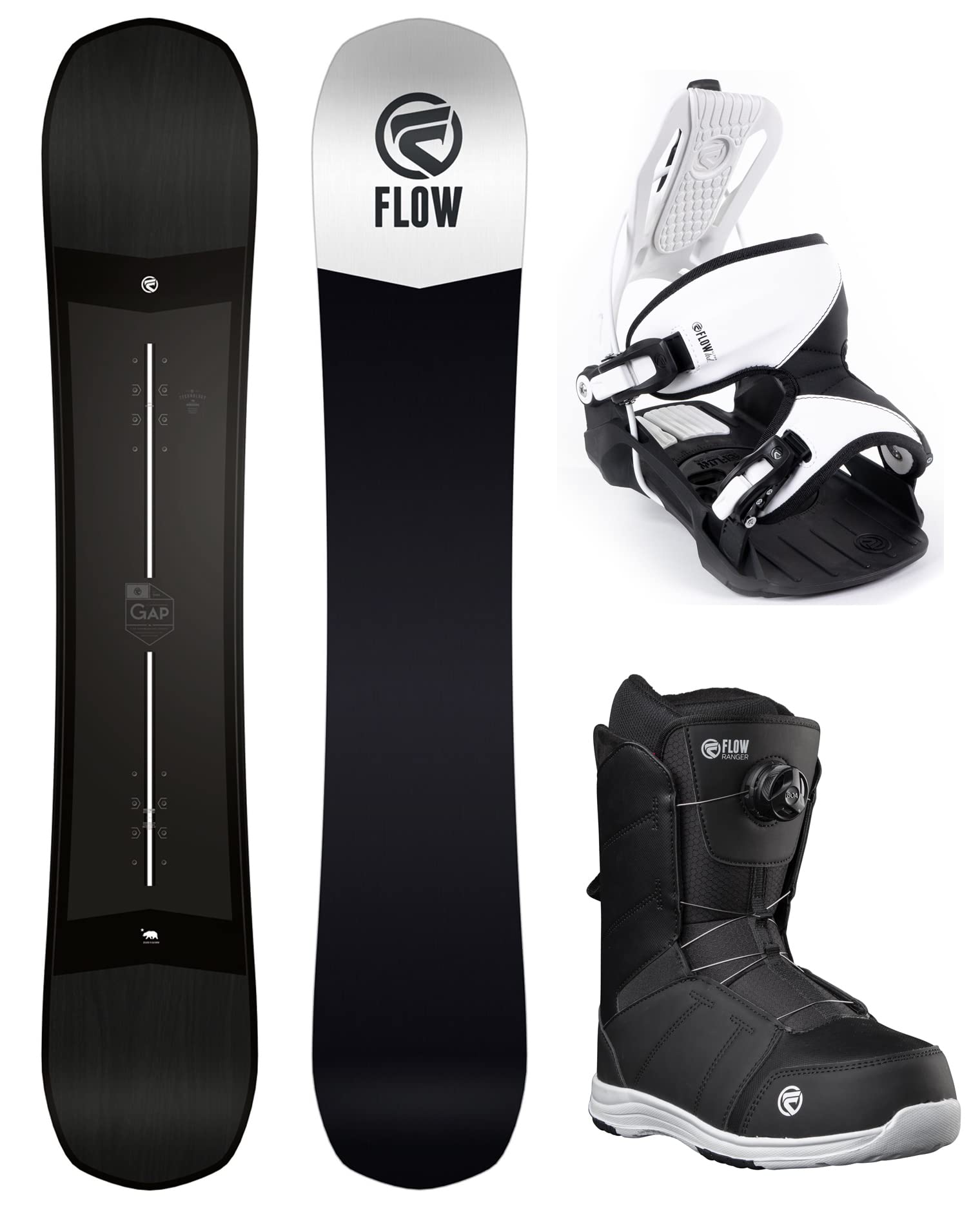 2021 FLOW Men's Gap Wide Snowboard Package White Alpha Bindings BOA Boots (156 Wide Snowboard, Boot Size 10)