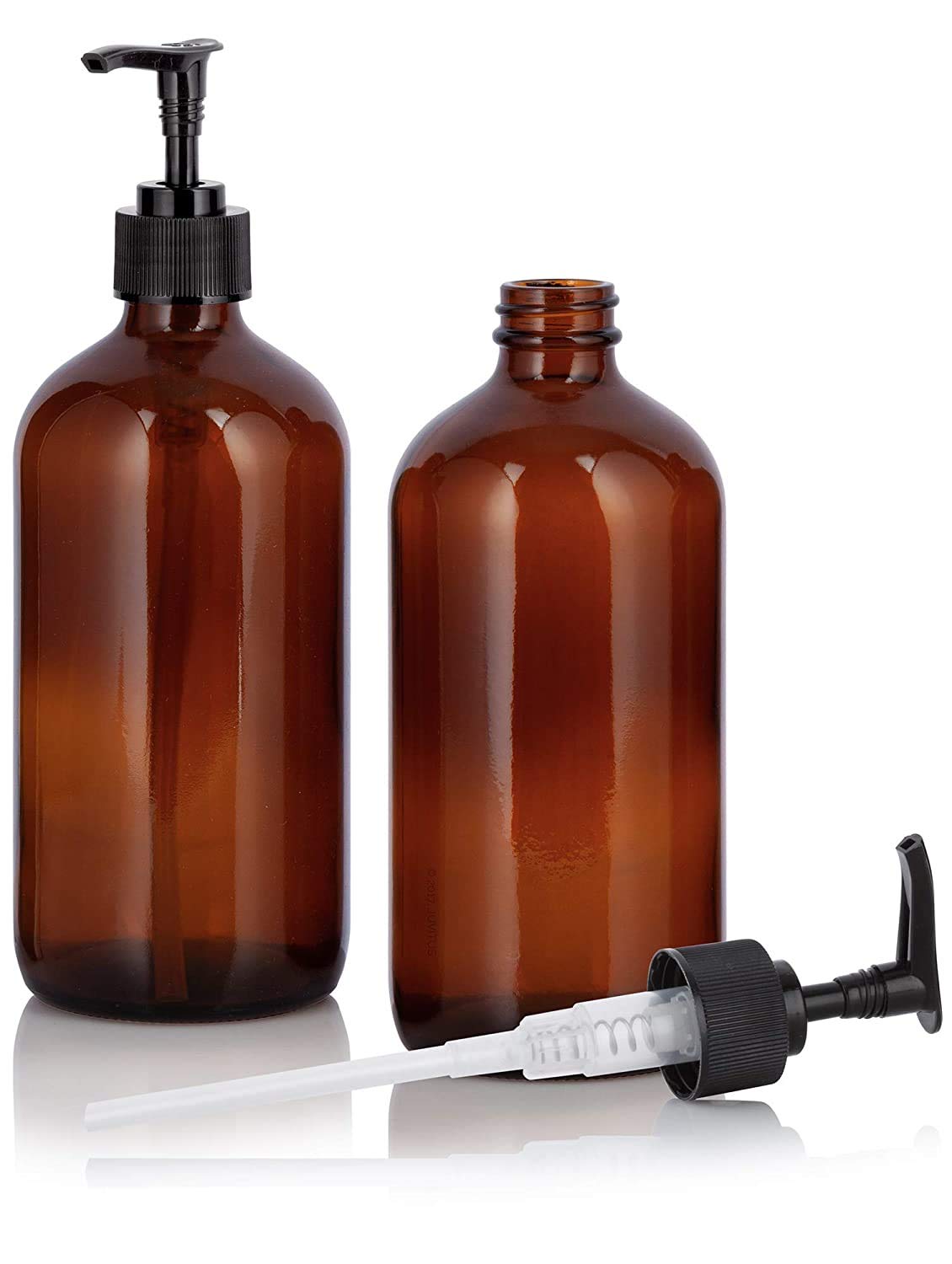 8 oz Amber Boston Round Thick Glass Bottle with Black Lotion Pump (2 Pack) + Label