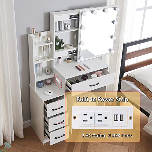 Abesthink Makeup Vanity with Ligjhts Mirror and Charging Station,White Vanity Makeup Desk with Lights and Storage Drawers,Lighted Vanity Set Dressing Table with Stool for Girls