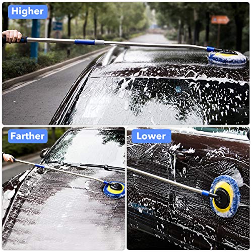 66'' Car Wash Brush with Long Handle, Chenille Microfiber Soft Car Wash Mop Cleaning Tool Kit with 15° Labor-saving Elbow Extension Stainless Steel Pole & Replacement Head for Clean RV SUV Truck House
