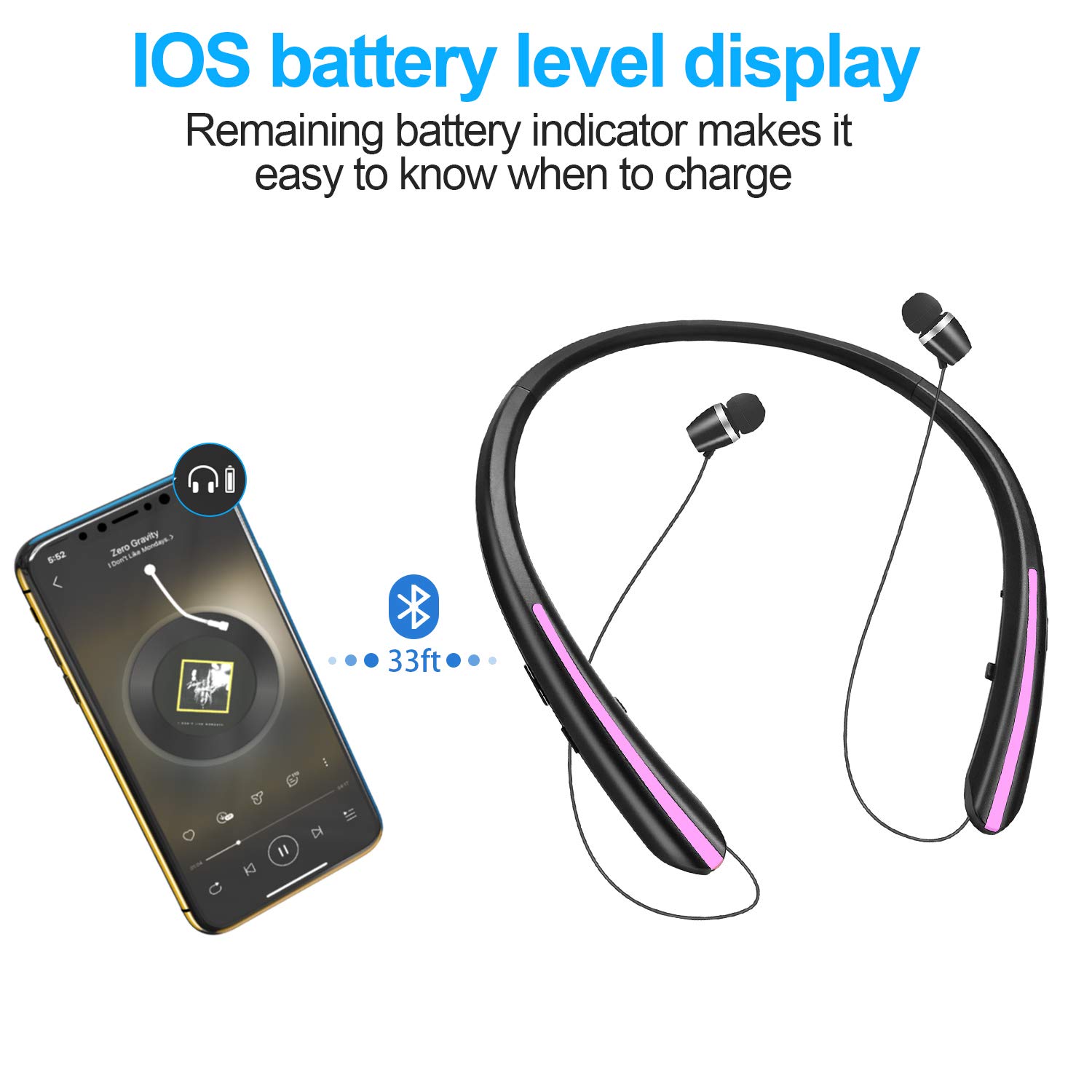 Bluetooth Headphones,Retractable Wireless Earbuds Neckband Headset Sports Noise Cancelling Stereo Earphones with Mic 24 Hrs Playtime Call Vibrate Alert(2020 Upgrade) (Black/Pink)