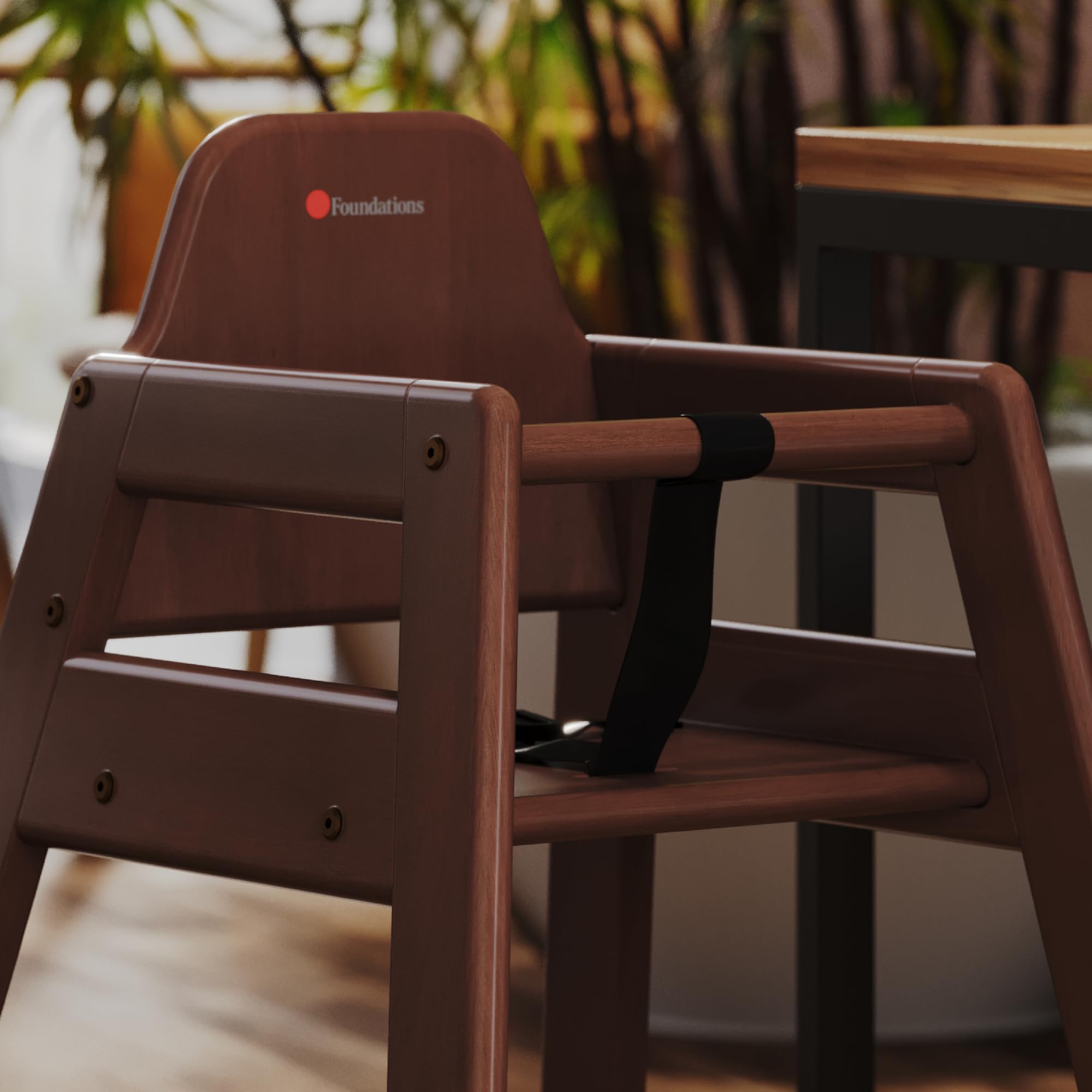 Foundations Neat Seat Wood Highchair for Restaurants, Easy to Clean, “No-tip” Feet, 3-point Safety Harness, Durable Hardwood, Small Footprint, Stackable (Antique Cherry)