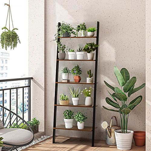 Iwell Ladder Shelf, Ladder Bookshelf, 5-Tier Ladder Bookshelf for Living Room, Office, Rustic Brown