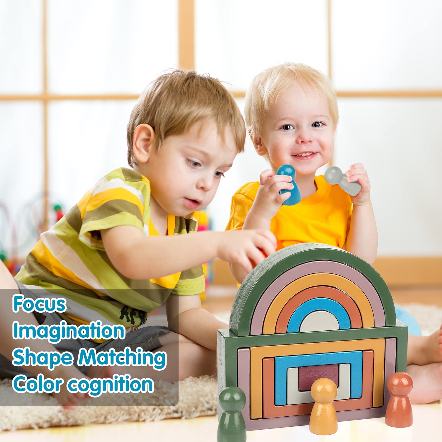Arber Wooden Rainbow Stacking Montessori STEM Toy - Educational Learning Sensory Activity for Toddlers and Kids, Preschool Building Blocks Ages 1-2-3-4-5+ Years Old - 19 Pcs Gift Set