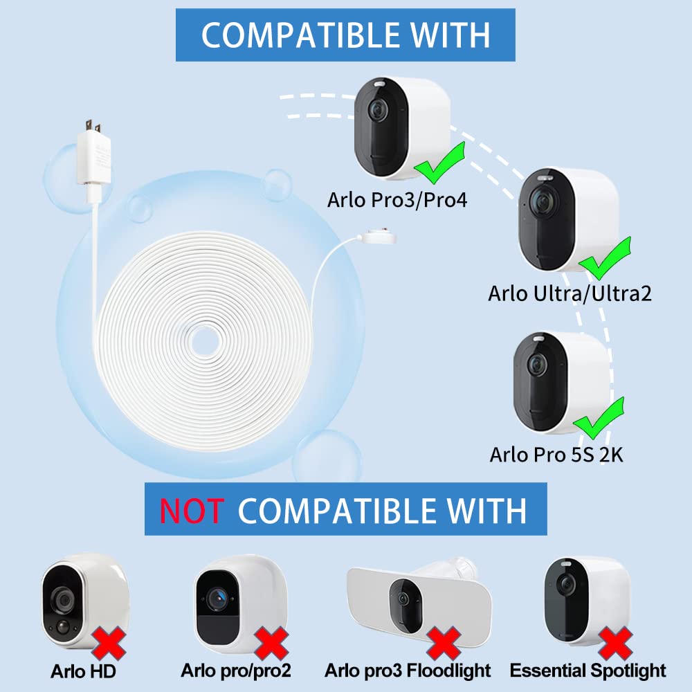 20FT Power Adapter and Magnetic Charging Cable for Arlo Pro 3/Pro 4/Pro 5S 2K/Ultra/Ultra 2 Camera,JJMASEE Weatherproof Outdoor Power Cord and Charger for Arlo(Not for Pro3 Floodlight/Pro2/Essential)