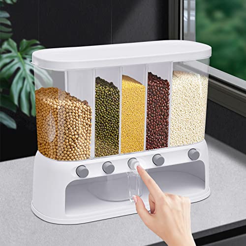 5-Grid Rice Dispenser, Dry Food Grain Dispense Wall Mounted Rice Container Kitchen Rice Storage Box Rice and Grain Storage Container Pantry Organization and Storage Suitable for Rice, Millet