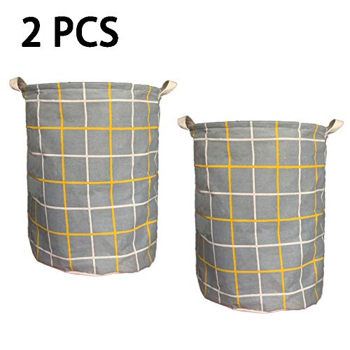 JinQiTian 2 Packs Thickened Laundry Hampers with Durable Handles, Drawstring Waterproof Round Cotton Linen, Freestanding Collapsible Storage Laundry Basket for Toy Clothing Collection 17β13β