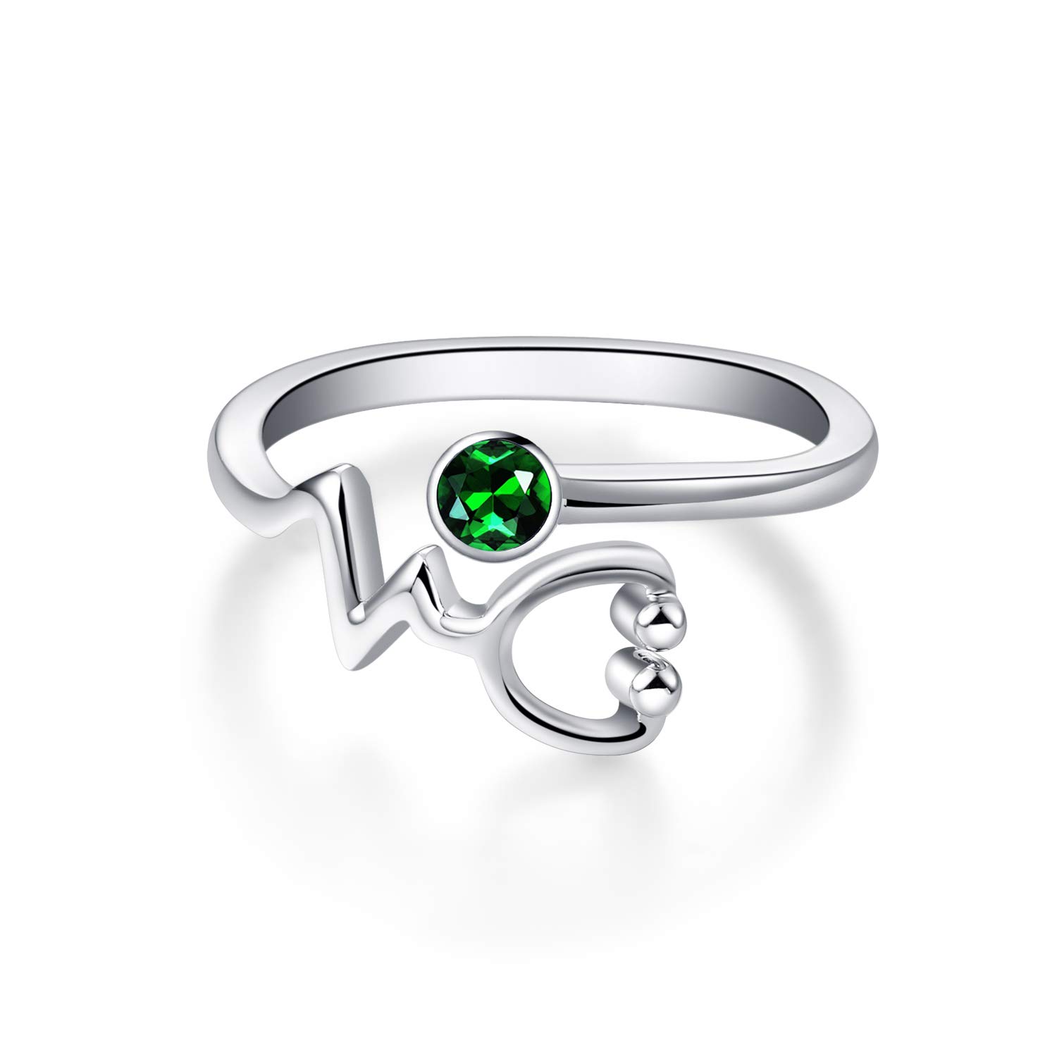 AOBOCO Sterling Silver Heartbeat EKG Stethoscope Ring Embellished with Simulated Emerald Crystal from Austria, Stethoscope Jewelry for Medical Student Graduation RN Gifts for Nurse Female(Green)