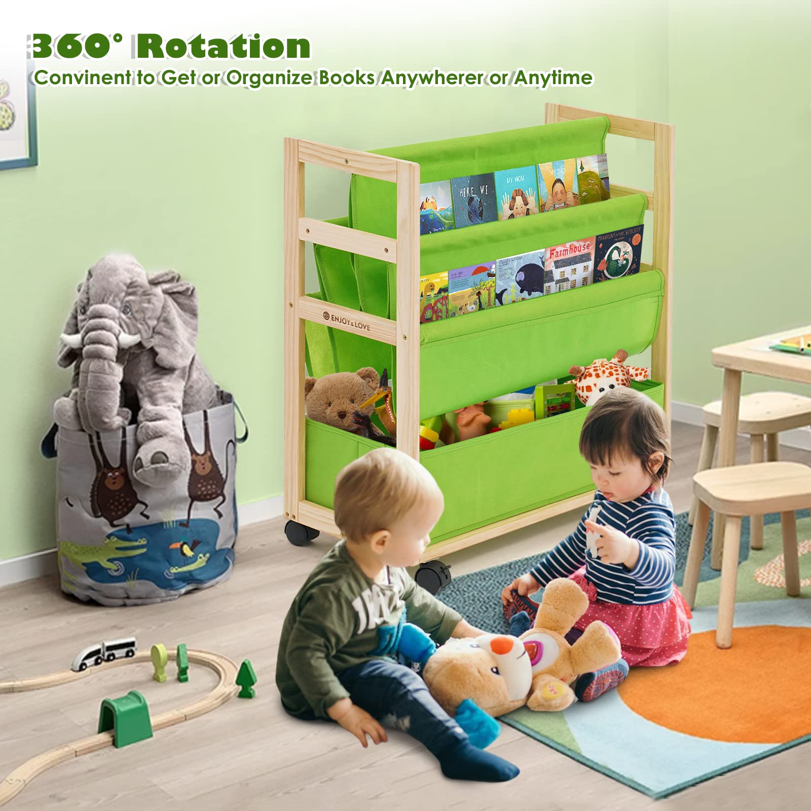 Jomifin Rolling Bookshelf with Toys Storage Bins, Kids Sling Book Shelf with Wheels Large Capacity for Kids Bedroom Playroom - Double Sided