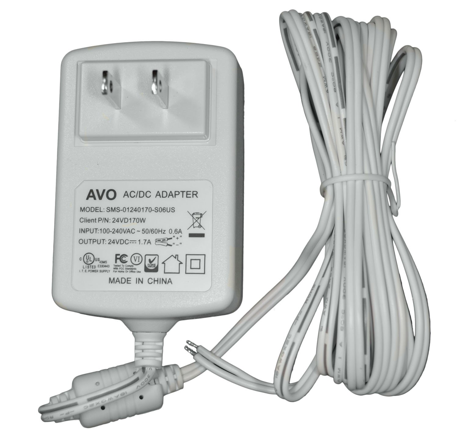AVO 24VD170W - 24VDC 1.7A White Wall Plug DC Adapter/Power Supply, Input: 100-240VAC 50/60Hz, Non-Terminated 10 Foot Parallel Zip Cord Lead Wire