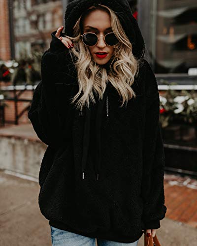 Acelitt Women Winter Zip Fuzzy Sherpa Sweatshirts Long Sleeve Fashion 2023 Oversized Fleece Casual Hoodies Jackets Pullover Sweaters Black Large