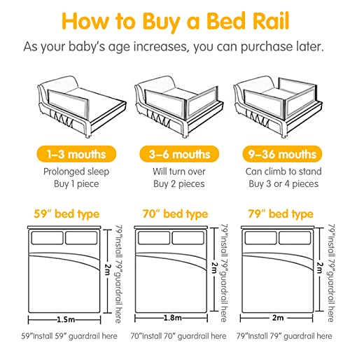 BABY JOY Bed Rails for Toddlers, 79'' Extra Long, Height Adjustable Kids Rail Guard w/Double Safety Lock, Breathable Mesh, Folding Baby Bedrail for Queen King Size Mattress, Box Spring & Slats, Gray