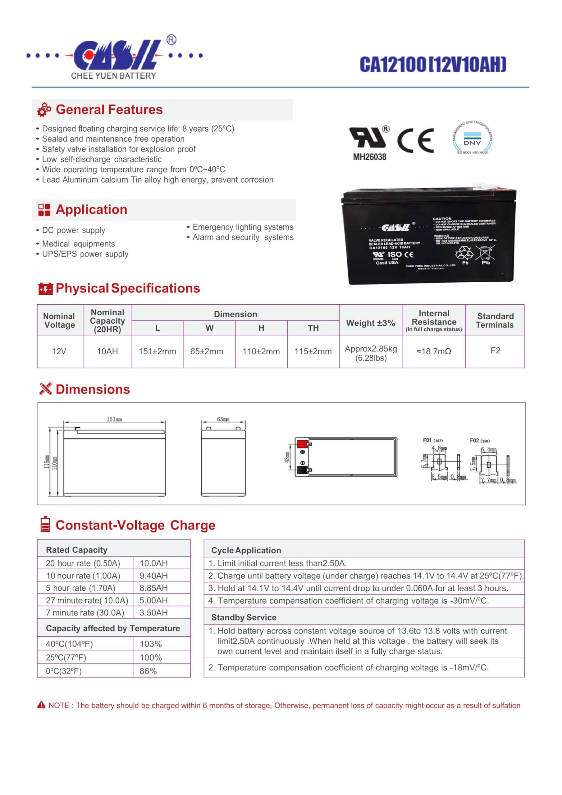 Casil 12V 10Ah Battery Sealed Lead Acid Rechargeable Battery SLA AGM Battery with F2 Terminals