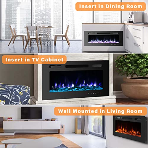 50 Inch Electric Fireplace Inserts, Wall Mounted Fireplace, Led Fireplace with Logs, Recessed Electric Fireplace with Remote Control, Linear Fireplace, 9 Multi Color Flames, 750/1500W