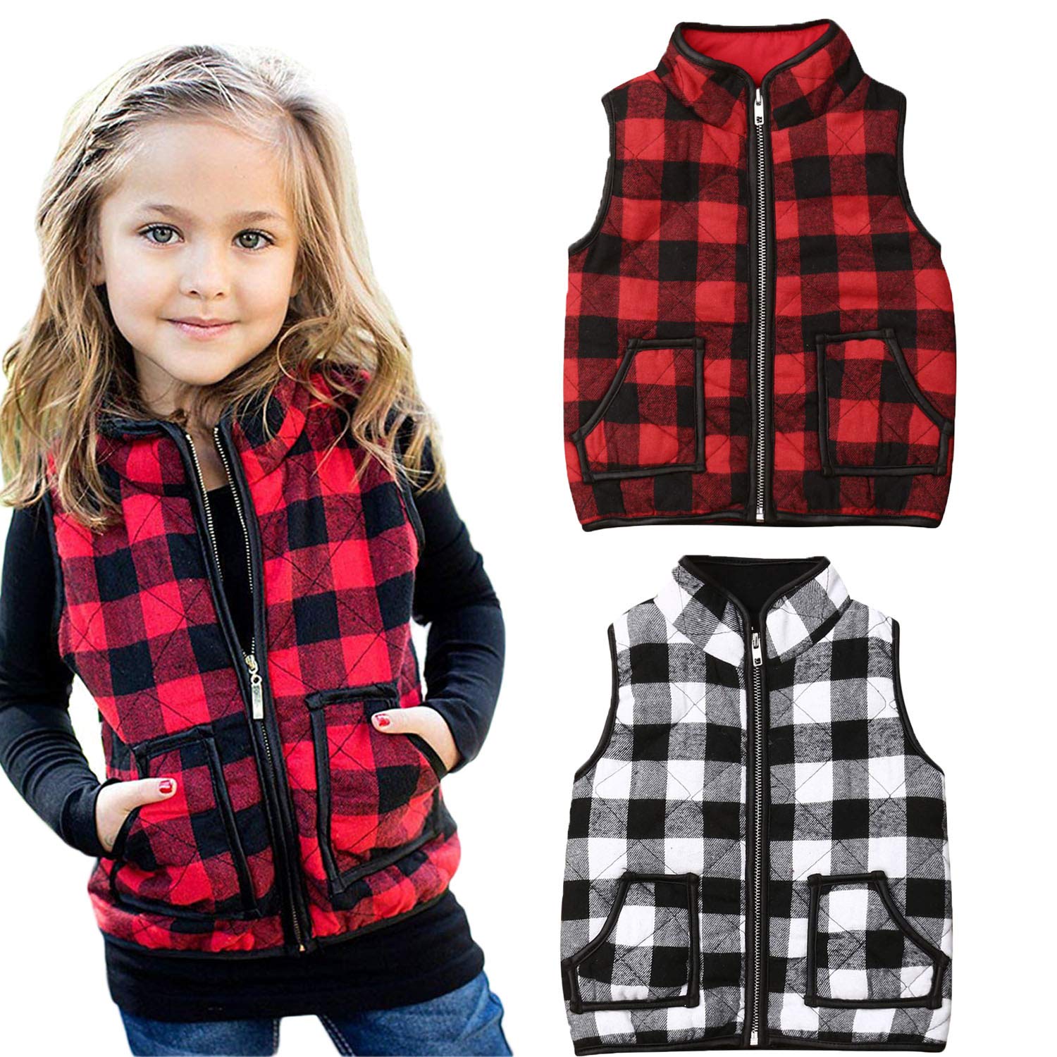 Ayalinggo Toddler Baby Girls Winter Warm Vest Clothes Buffalo Plaid Jacket Kids Puffer Quilted Gilet Coat (Red Plaid Vests, 4-5T)