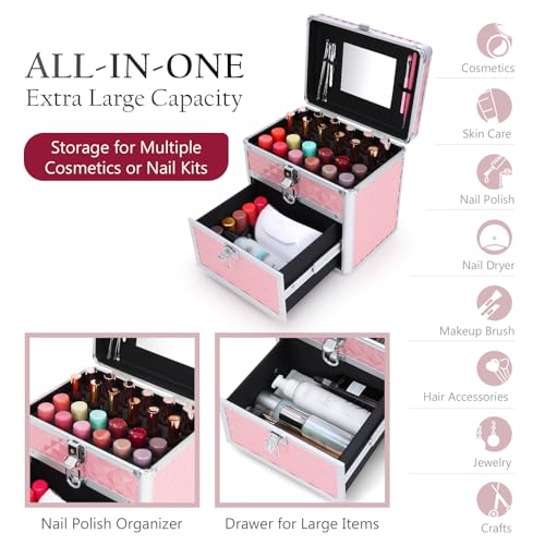 Frenessa Makeup Box Makeup Train Case Cosmetic Storage Organzier Nail Polish Box for Makeup Artist, Nail Tech Student, Craft Cosmetology Case with Mirror Drawer and Dividers Manicure Organizer Travel