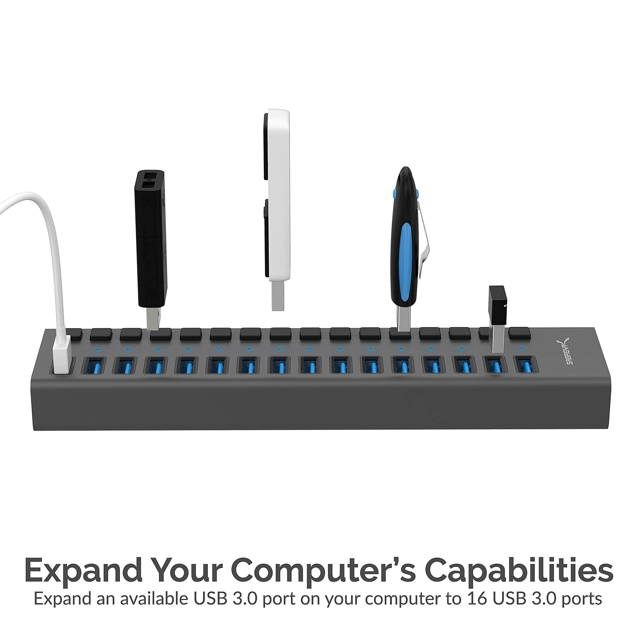 Sabrent 16-Port USB 3.0 Data HUB and Charger with Individual switches + 22AWG 3 Feet USB 3.0 Extension Cable