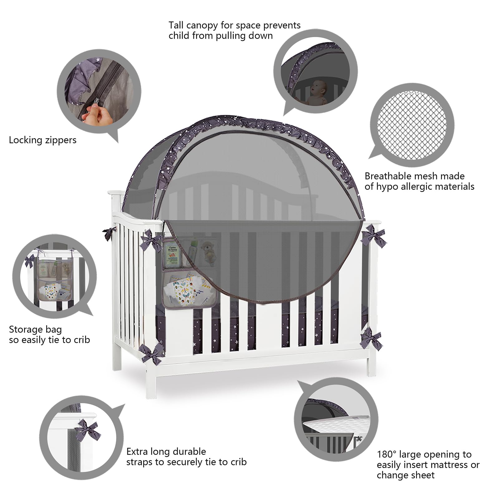 ZXPLO Baby Safety Crib Tent Infant Pop up Mosquito Net Nursery Bed Canopy Netting Cover - Keep Baby from Climbing Out with Hanging Diaper Storage Bag (Dark Gray)