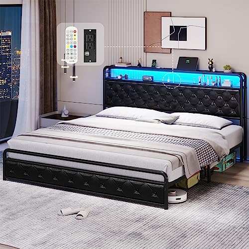 BTHFST King Size Bed Frame with Built-in LED Light Headboard, USB Ports & Outlets, Faux Leather Upholstered King Platform Bed Frame with Diamonds Tufting Design, Super Sturdy Bed Foundation, Black