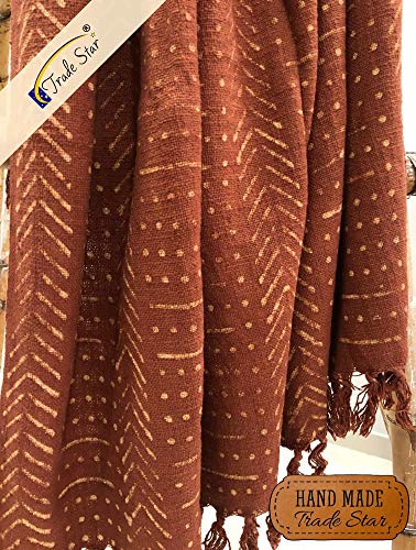 Trade Star Decorative Ethnic Block Print Throw Blanket for Couch 100% Cotton Soft Tassel Blanket Handmade Mudcloth Throw for Home Handloomed Housewarming Gift (Rust, Snow (120 x 170 Cms))