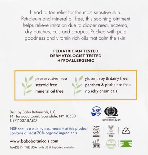 Babo Botanicals 70+% Organic Sensitive Baby All Natural Healing Ointment with Medical Grade Colloidal Oatmeal, Unscented 4 Ounce