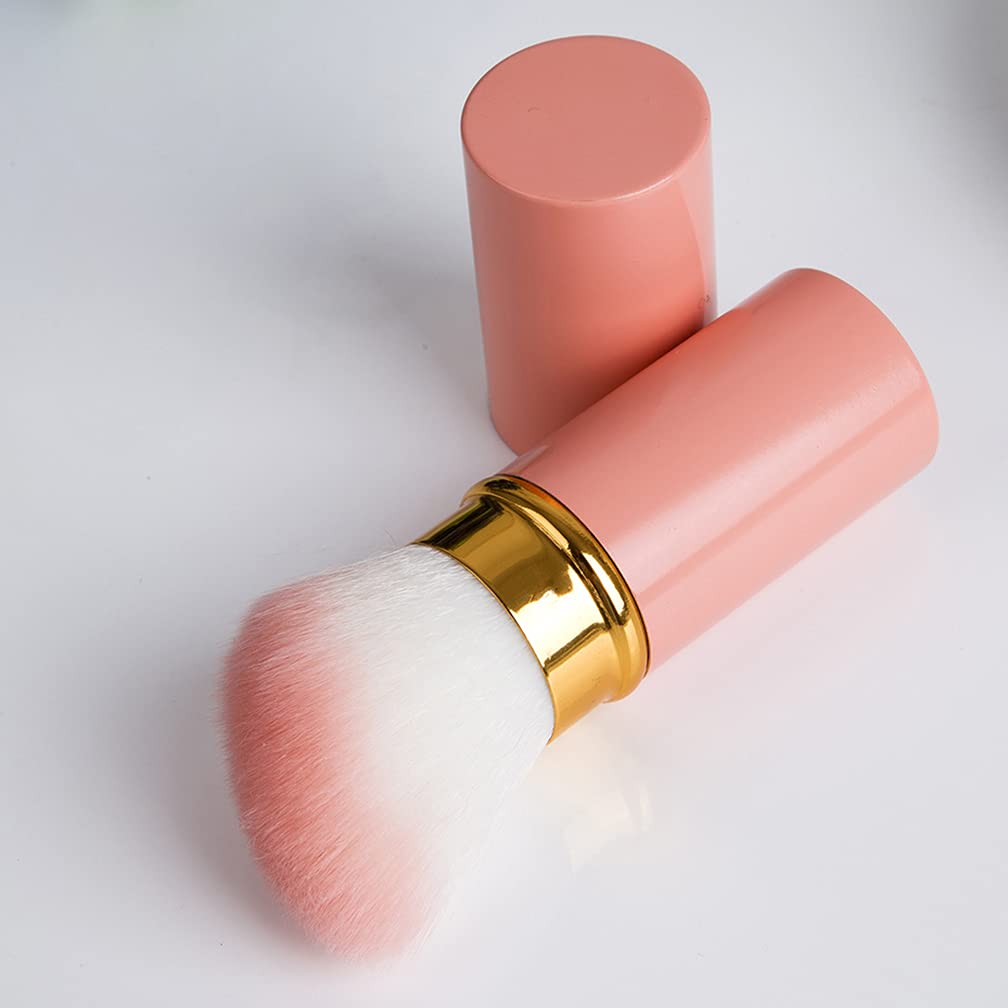 RN BEAUTY Retractable Kabuki Brushes Foundation Brush Powder Brush Blush Brush Extensible Makeup Brush Face Blender Brush Professional Mineral Blending Buffing Concealer Brush Aluminum Case Portable With Cover (Angled Top, Pink)