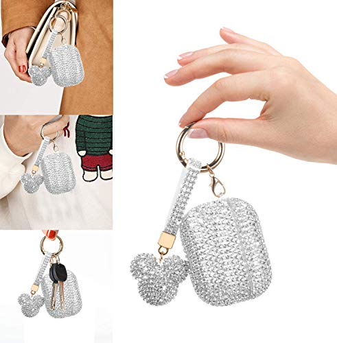 Luxurious Shining Rhinestone Diamante Apple AirPods Pro Case, Bling Sparkle Protective Cover Carrying Mickey Ball Keychain for Airpods Pro,Shockproof Anti-Scratch Anti-dust (Silver)