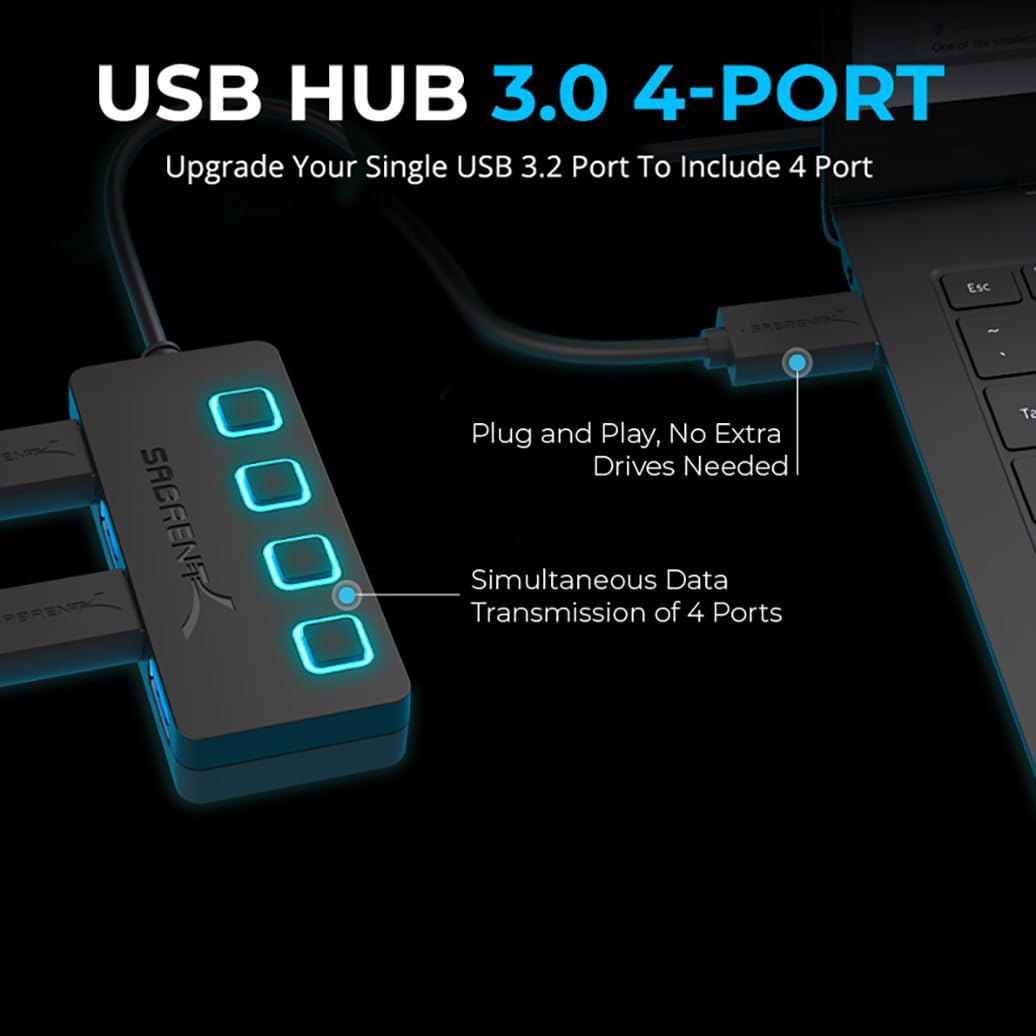SABRENT 6 Ft 22AWG USB 3.0 Extension Cable - A-Male to A-Female in Black + 4-Port USB 3.0 Hub