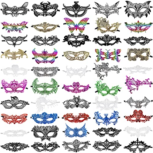 50 Pieces Lace Mask Masquerade Venetian Eyemask Women Flexible Masks for Masquerade Carnival Ball Birthday Halloween Costume (Multi Color)