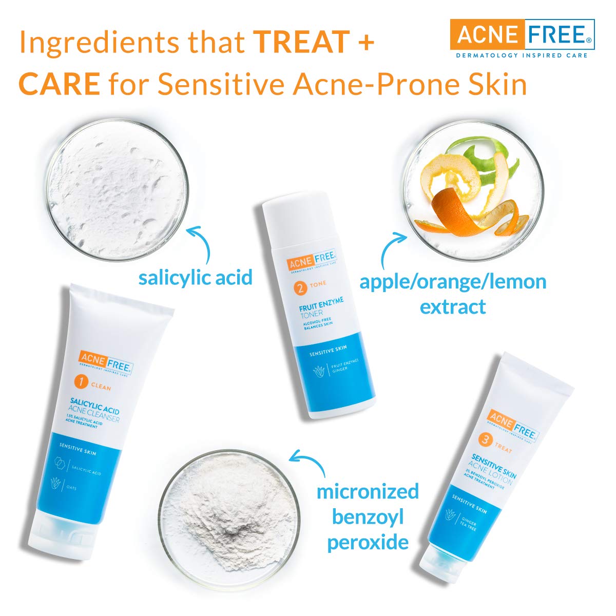 Acne Free 3-Step Acne Treatment Kit with Salicylic Acid Face Wash, Alcohol-Free Toner, & Benzoyl Peroxide Lotion for Sensitive Skin and Fighting Breakouts, 24 Hour Face Clearing System