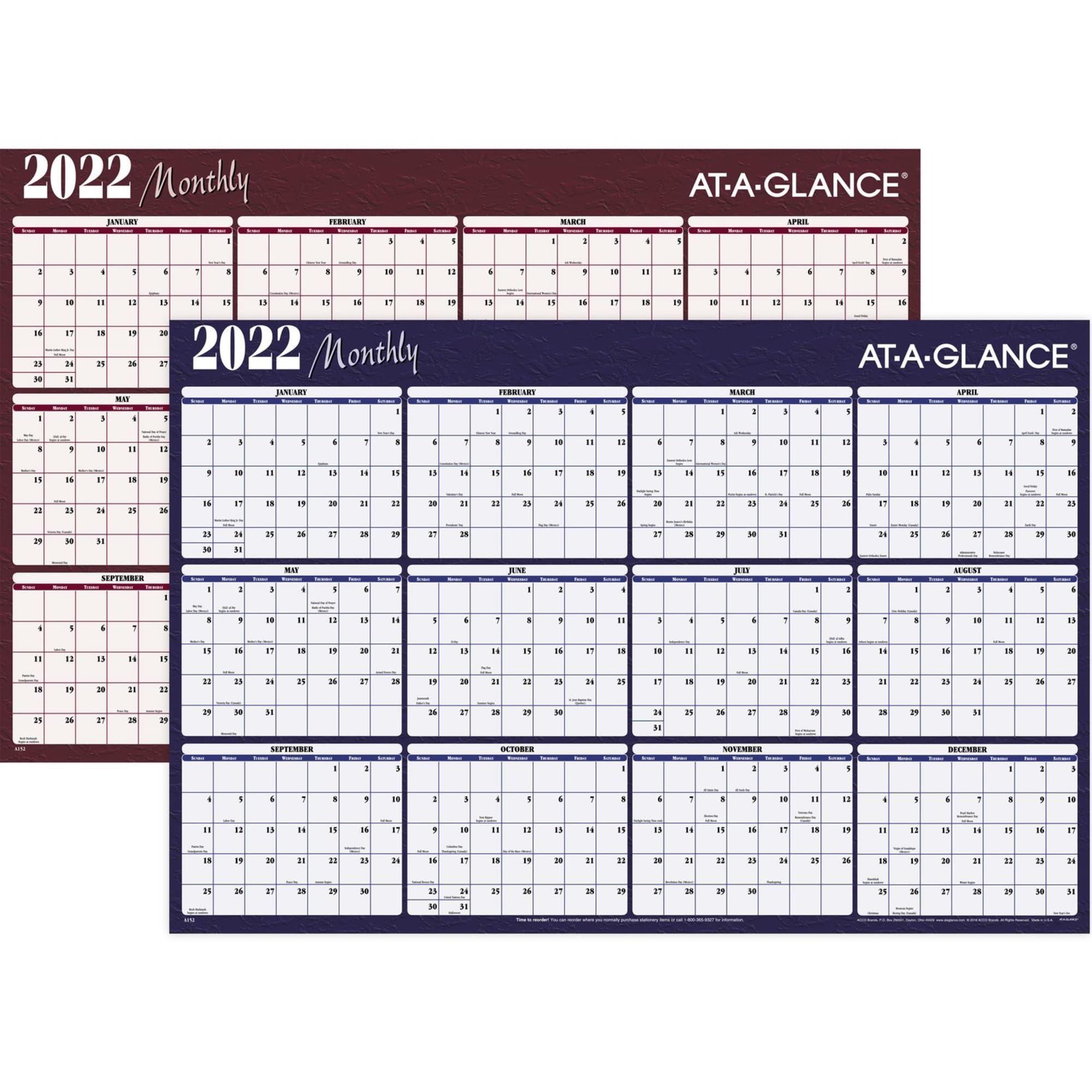 2022 Erasable Calendar, Dry Erase Wall Planner by AT-A-GLANCE, 48" x 32", Jumbo, Horizontal, Reversible, Red (A152)