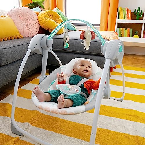 Bright Starts Portable Automatic 6-Speed Baby Swing with Adaptable Speed, Taggies, Music, Removable -Toy Bar, 0-9 Months 6-20 lbs (Whimsical Wild)