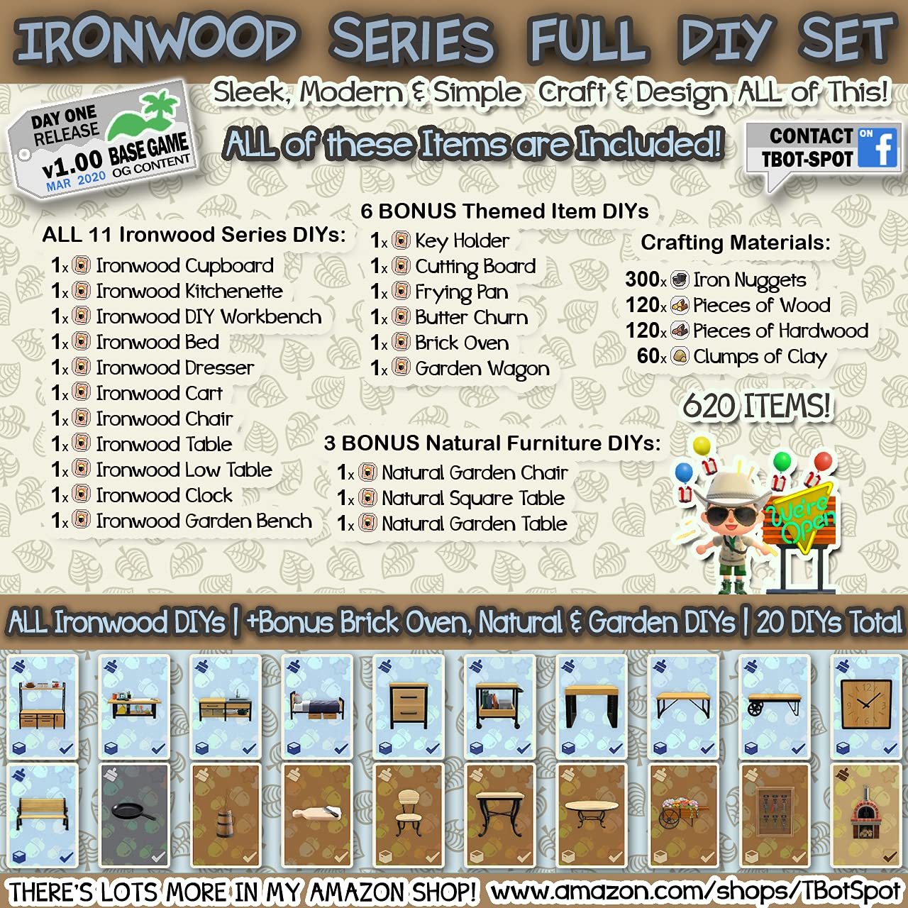ACNH: Ironwood Series Full Set | All 11 Ironwood DIYs & 9 Bonus DIYs | Crafting Materials | 1.0 Base Game Content