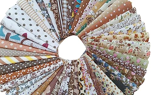 50PCS 4 X4 Inches Different Patterns Brown Cotton Craft Printed Fabric DIY Handmade Material Set Bundle Patchwork Squares for Home Crafts Sewing Scrapbooking Quilting
