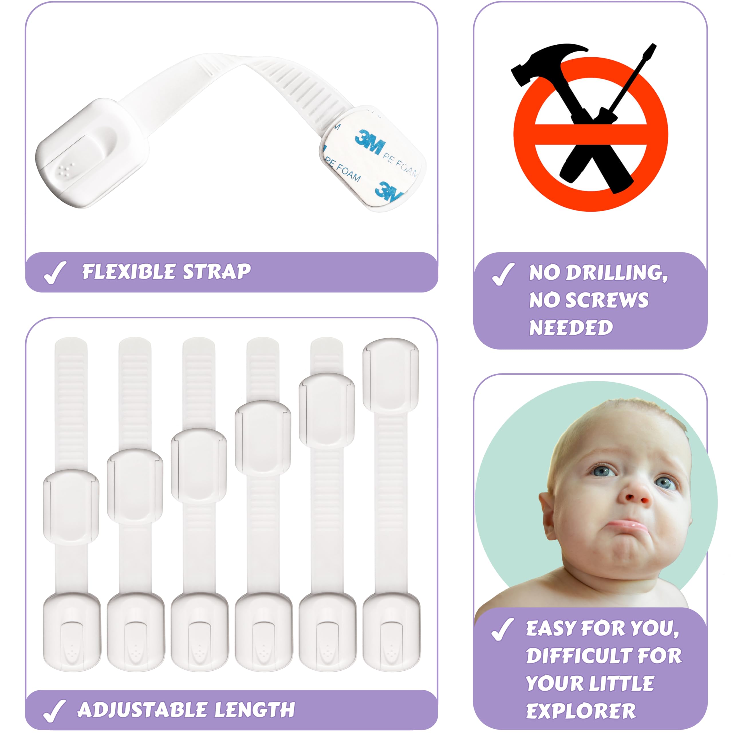 Baby Proofing Safety Cabinet Locks - Child Proof Latches for Dresser Drawer Cupboard Doors Closet Oven Refrigerator Fridge - Adjustable Childproof Straps by Oxlay - White - 6 Pcs