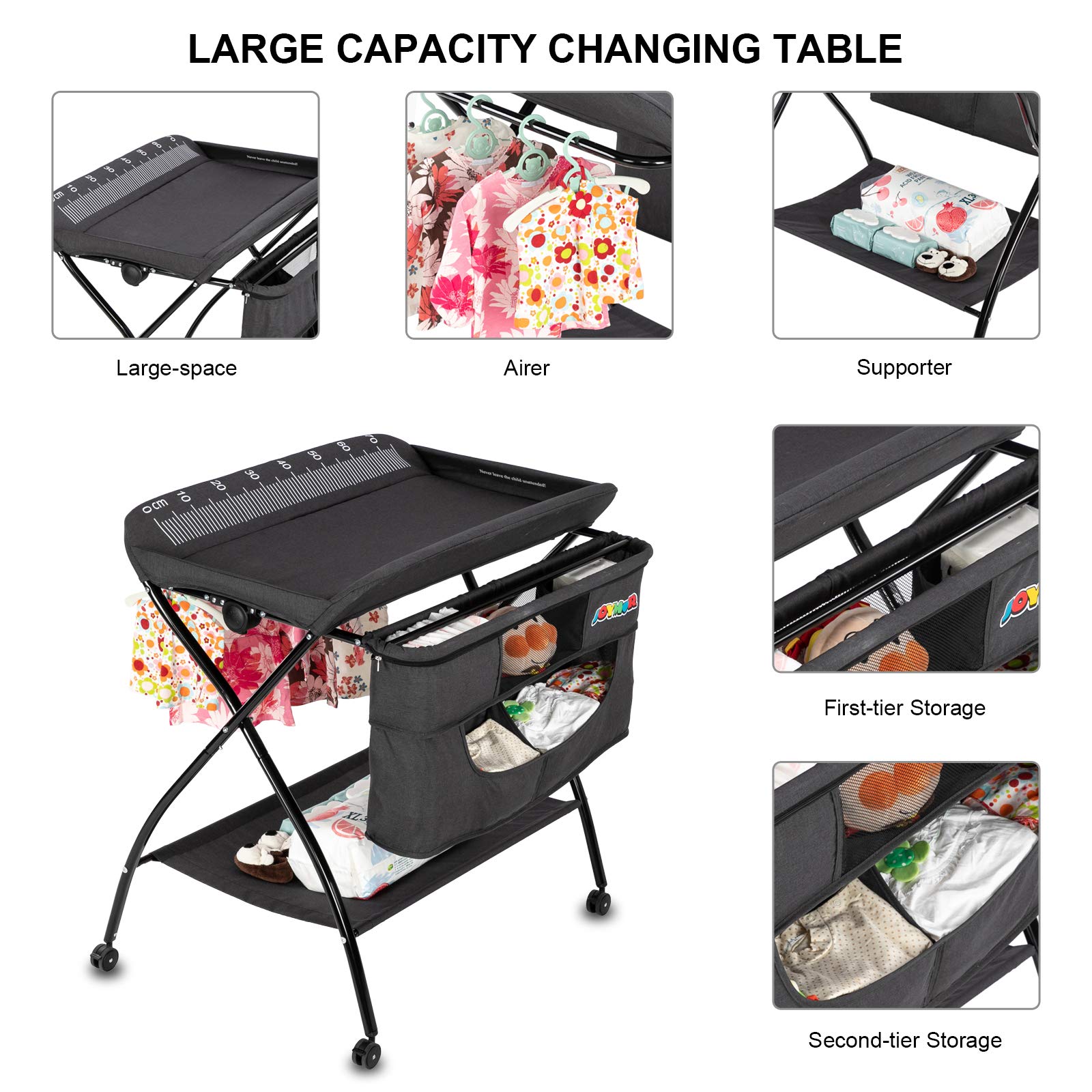 JOYMOR 2-in-1 Folding Baby Changing Table, Moblie Diaper Table for Infant, Portable Diaper Changing Station with Wheels, Large Storage Basket & Shelf Portable Nursery Organizer