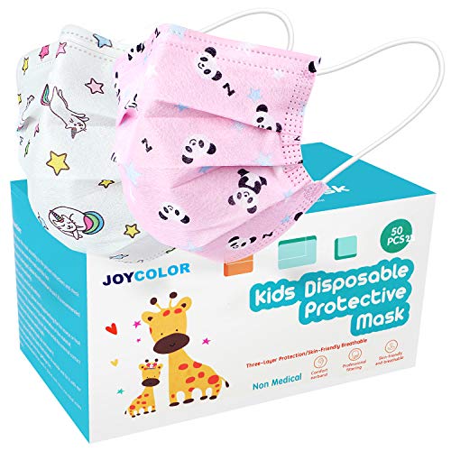 JOYCOLOR Cute kids face mask,Children's 3 Ply Protective Earloop Disposable Filter Masks with Unicorn & Panda Print for Dust Air Pollution | 50 Pcs Medium