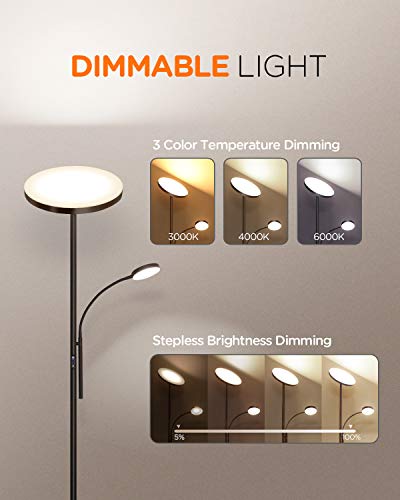 tomons Dimmable Floor Lamp, Bright Tall Mother-Daughter Light Torchiere Sky LED Torchiere with Remote Controller, Stepless Dimming, 3 Color Temperatures, Modern Industrial Living Room, Bedroom - Black