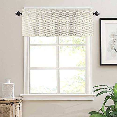 Amaze-Home Curtain Valances for Windows, White Gold Line Window Valances, Geometric Window Treatment Rod Pocket Valance Curtains for Kitchen/Bedroom/Bathroom 42x12 inch, 1 Panel