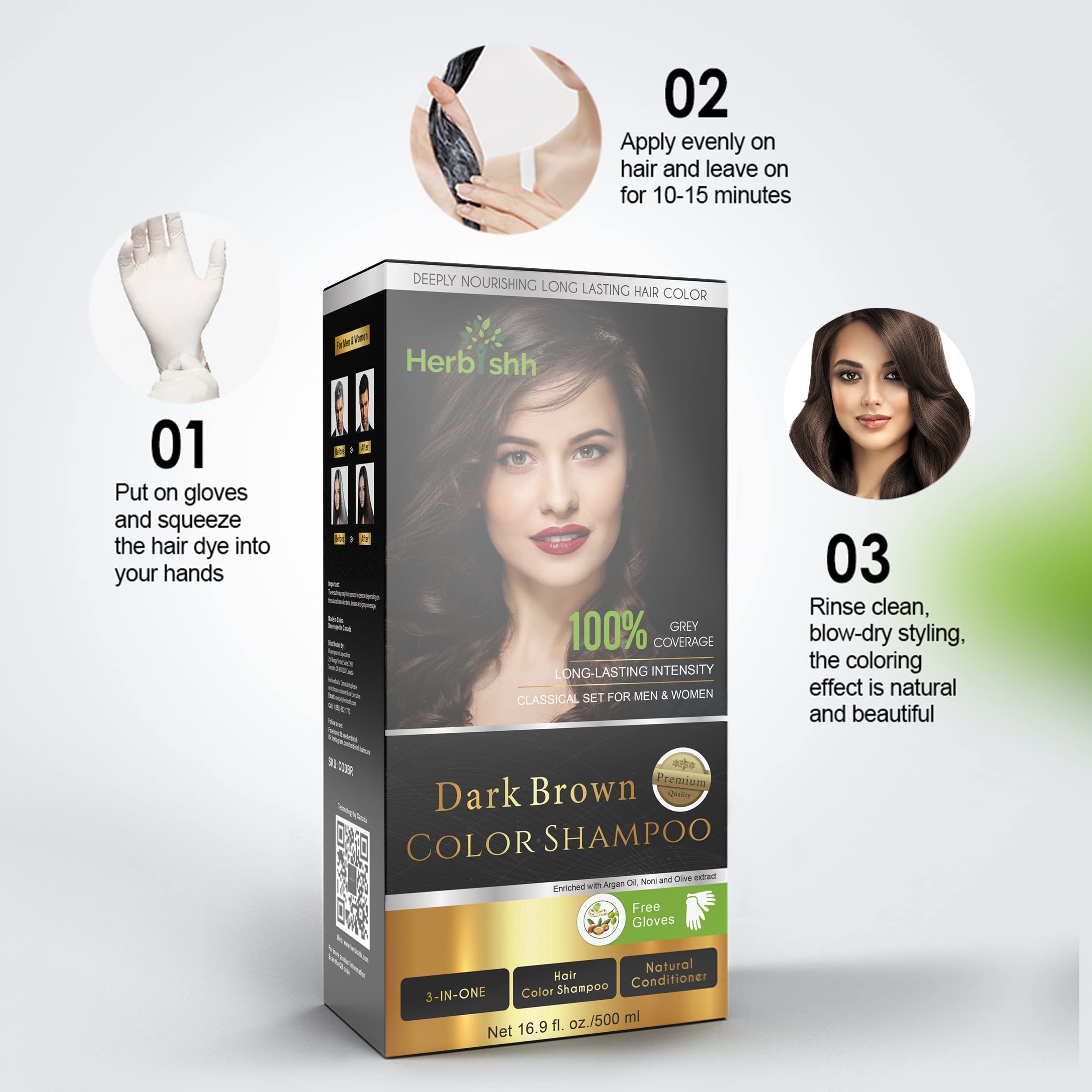 Herbishh Hair Color Shampoo - Magic Dye for Gray Hair, Lasting Color in Minutes - 500 Ml, 3-In-1, Ammonia-Free (Dark Brown)