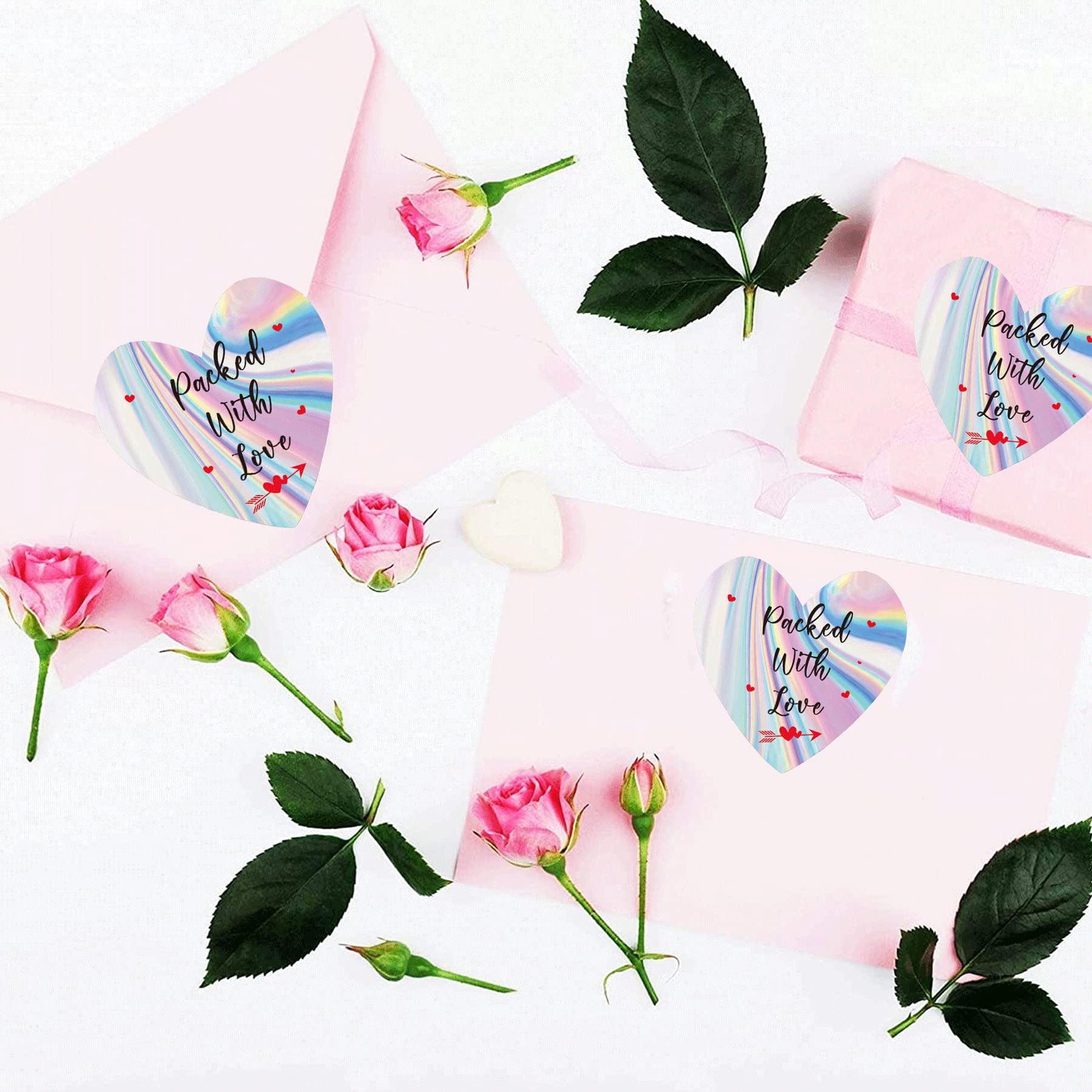 Happy Valentine's Day Stickers 1.5 inch Holographic Heart Stickers Wedding Favor Thank You Labels for Envelope Seals Business Package 500 pcs Per Roll Sealed Labels for Envelope Seals